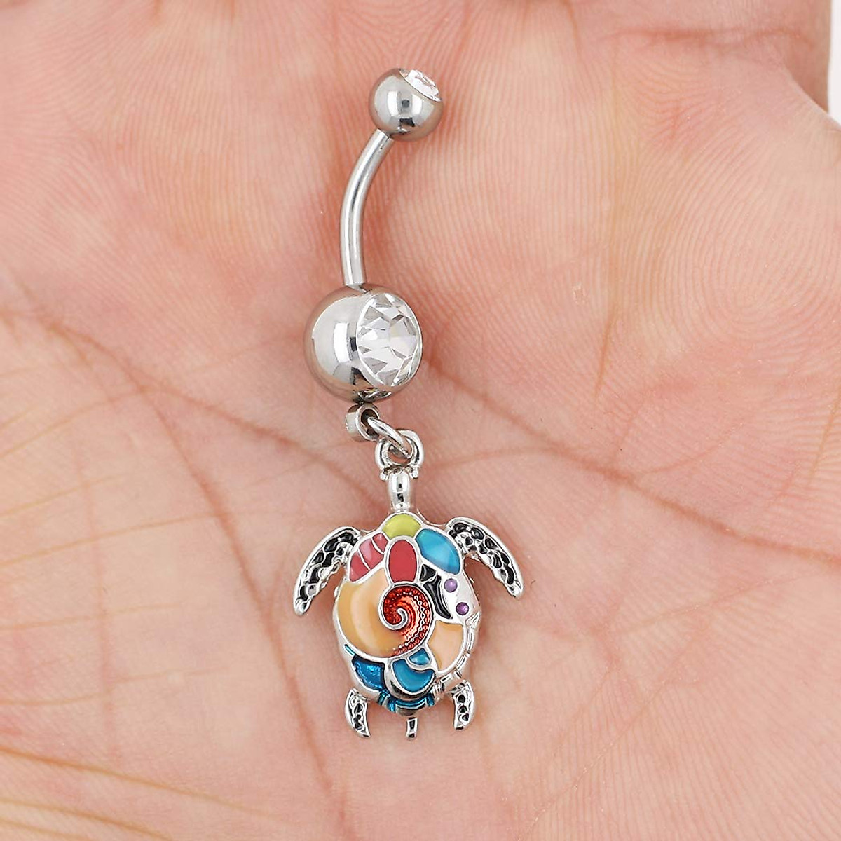 Excepro 14G(1.6mm) Multicolor Sea Turtle Curved Barbell Dangle Belly Button Ring 316L Stainless Steel