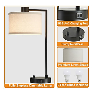 Luvkczc Table Lamp for Bedroom Set of 2 with USB C+A Ports, Fully Stepless Dimmable Bedside Lamp with Linen Lampshade, Contemporary Lamp for Living Room Reading Office, 2 LED Bulbs Included (Black)