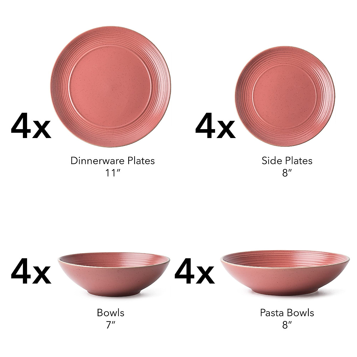 Arora RINGAR Round Stoneware 16pc Double Bowl Dinnerware Set for 4, Dinner Plates, Side Plates, Cereal Bowls, Pasta Bowls - Speckle Matte Red (395438)