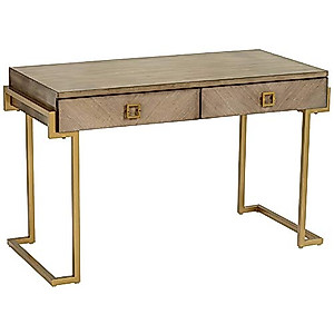 Coast to Coast Wheaton Modern Metal Ash Wood Rectangular Writing Desk 49 1/2" x 23" with 2-Drawer Gold Brown Open Leg for Living Room Bedroom Bedside Entryway House Balcony Office Bathroom