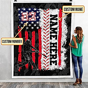 TEEMAN Personalized Baseball Blanket for Boy, American Flag Throw Blanket, Custom Name Number Baseball Gifts for Boys 8-12, Gift for Sport Baseball Player and Lover on Birthday, Baseball Season