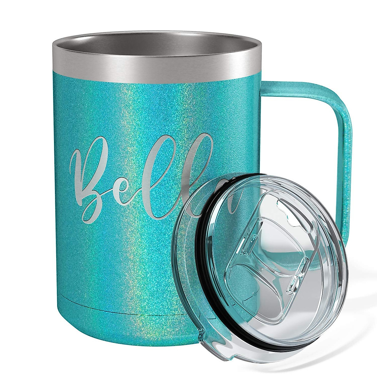 Personalized Coffee Mug Seafoam Glitter 15 oz with Lid and Handle Custom Engraved Gift Stainless Steel Vacuum Insulated Cup