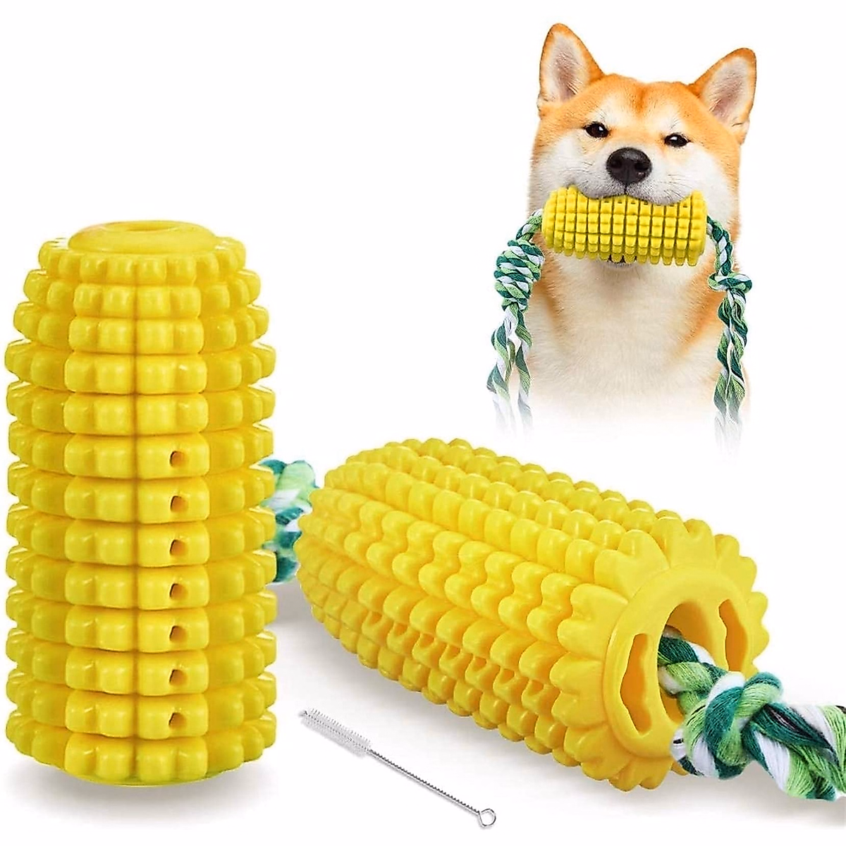 ETLIN Teeth Cleaning Chew Toys Dog Toothbrush Chew Toy Indestructible Dental Care Corn Shape Chew and Clean Teeth Dog Toys with Toothbrush Set Toys