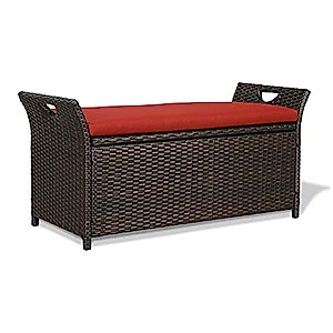 Iwicker Patio Wicker Storage Bench,Outdoor Rattan Deck Box with Cushion, Red