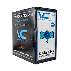 Vertical Cable CAT6, 550 MHz, UTP, 23AWG, 8C Solid Bare Copper, Plenum, 1000ft, Bulk Ethernet Cable - Made in USA, Blue