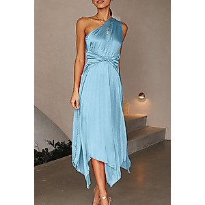 PRETTYGARDEN Women's Summer Long Satin Dress One Shoulder Sleeveless Ruched Twist Flowy Maxi Dresses (Light Blue,Small)