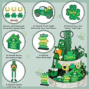 11 PCS St Patricks Day Decorations, St Patrick's Day Tiered Tray Ornaments, Shamrock Wood Table Signs Set, Irish Lucky Gnomes Doll Truck Clover Decor Centerpieces for Tabletop Fireplace Shelf Home