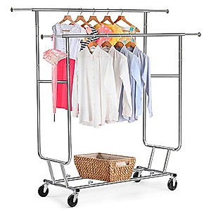 go2buy Commercial Clothing Garment Rolling Collapsible Rack Hanger Holder Double Rail