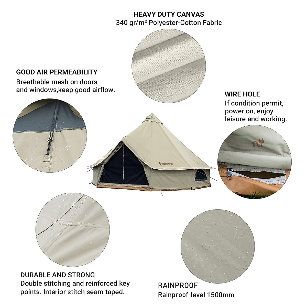KingCamp Canvas Bell Tent for Camping, 4 Seasons 13.2ft/16.4ft Camping Yurt Tent, w/Stove Jacks, Luxury Glamping Waterproof and Breathable Tents for Family Camping Outdoor Hunting Party