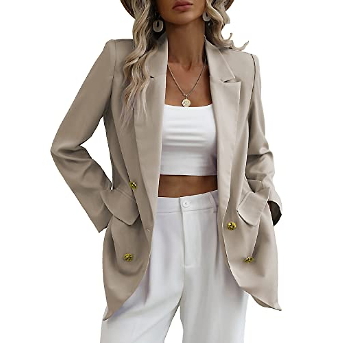 Lueluoye Women's Casual Blazers Long Sleeve Open Front Gold Button Work Office Blazer Jackets with Pockets Khaki M