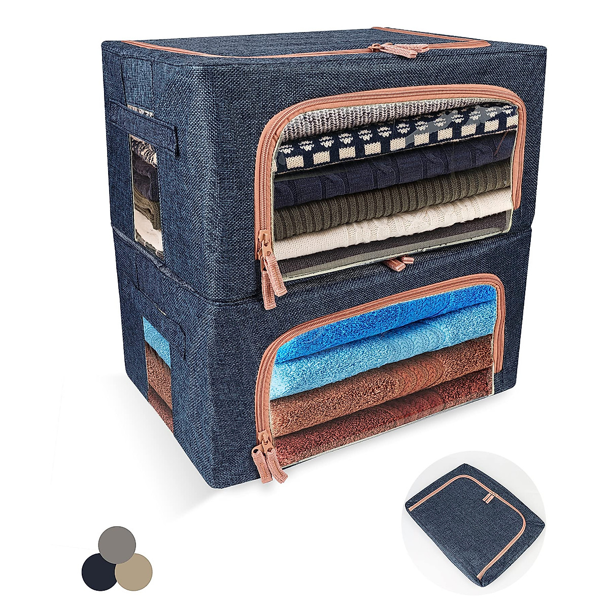 Pranski 2-PACK Clothes Storage Bins Box, Linen Fabric Foldable Cloth Container with Clear Window & Carry Handles Metal Steel Frame - Large Capacity for Closet, Blankets, Toys, Books (Blue, 22L)