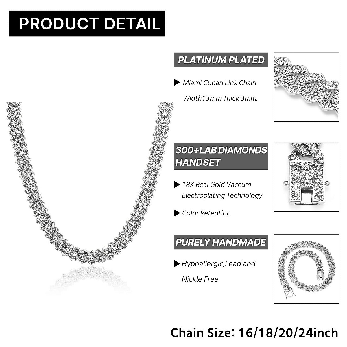 MOFEIJEWEL 13mm Cuban Link Chain For Men Women Iced Out Chain Miami Cuban Necklace Bling Diamond Chains Hip Hop Jewelry （Silver 20inch）