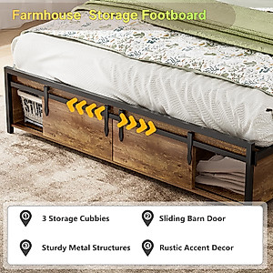 Farmhouse Bed Frame Queen Size with Bookcase Headboard and Sliding Barn Door Storage Cubbies, Wood Bed Frame with LED Light and Charging Station, Noiseless,No Box Spring Needed, Easy Assembly