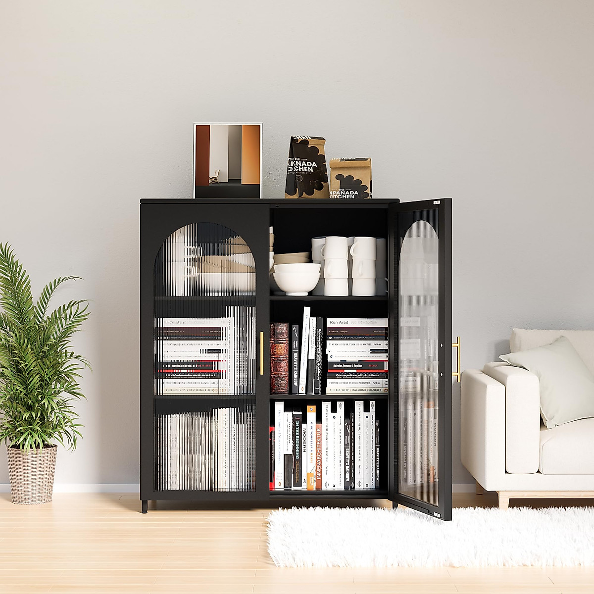 OSEILLC Metal Sideboard Buffet Cabinet with Tempered Glass Doors, Accent Cabinet with Adjustable Shelves, Credenza Cupboard Console Table for Kitchen, Living Room, Dining Room, Bedroom, Hallway