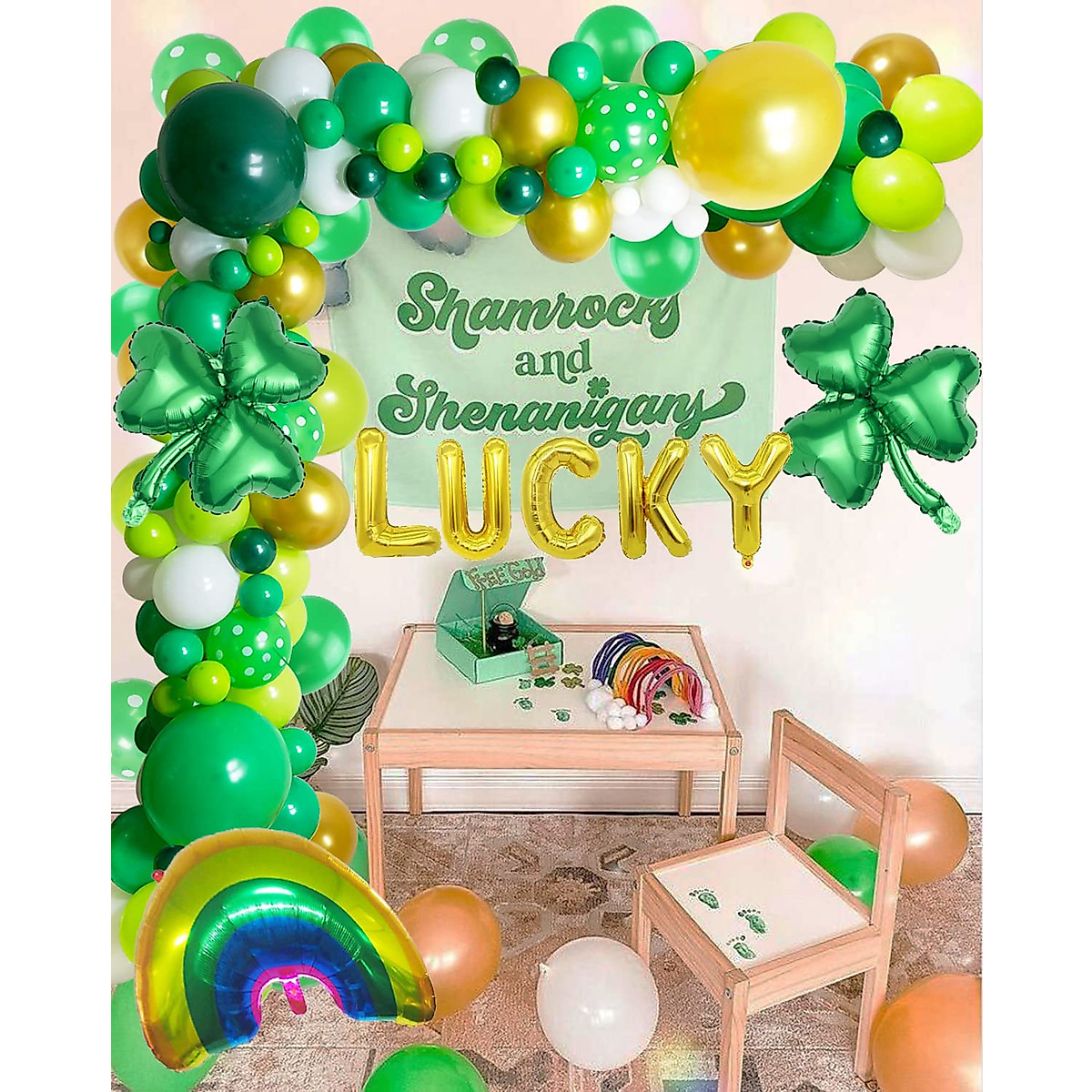 St.Patricks Day Party Decorations Garland, Ireland Party Decorations Lucky Rainbow Shamrocks Mylar Balloons 18" 10" 5" Latex Balloons Green Gold White for Birthday Baby Shower Bachelorette Supplies