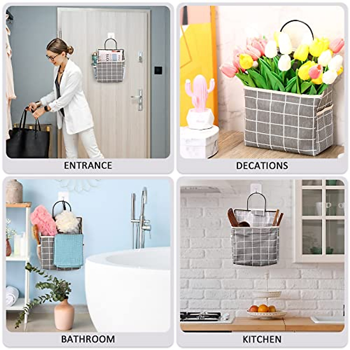 6 Pieces Wall Hanging Storage Bag with 10 Sticky Hooks Grid Over The Door Closet Organizer Pocket Hanging Wall Basket Camper Storage Accessories for Inside Bedroom Bathroom (Gray Grid)