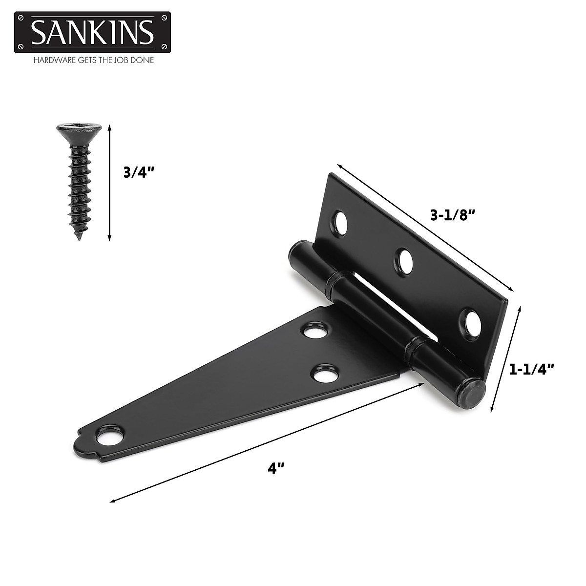 SANKINS 4 Inch T-Strap Shed Door Hinges Heavy Duty, Black Tee Gate Hinges for Wooden Fences, Yard Door, Barn Door Gates, Wrought Hardware Rustproof, 2Pack