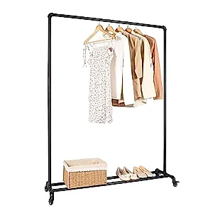 OLDRAINBOW Industrial Pipe Clothing Rack,63in Dress Rack Clothes Rack,Vintage Clothing Racks on Wheels,Retail Rack Mobile Coat Rack Metal Garment Rack(Black)