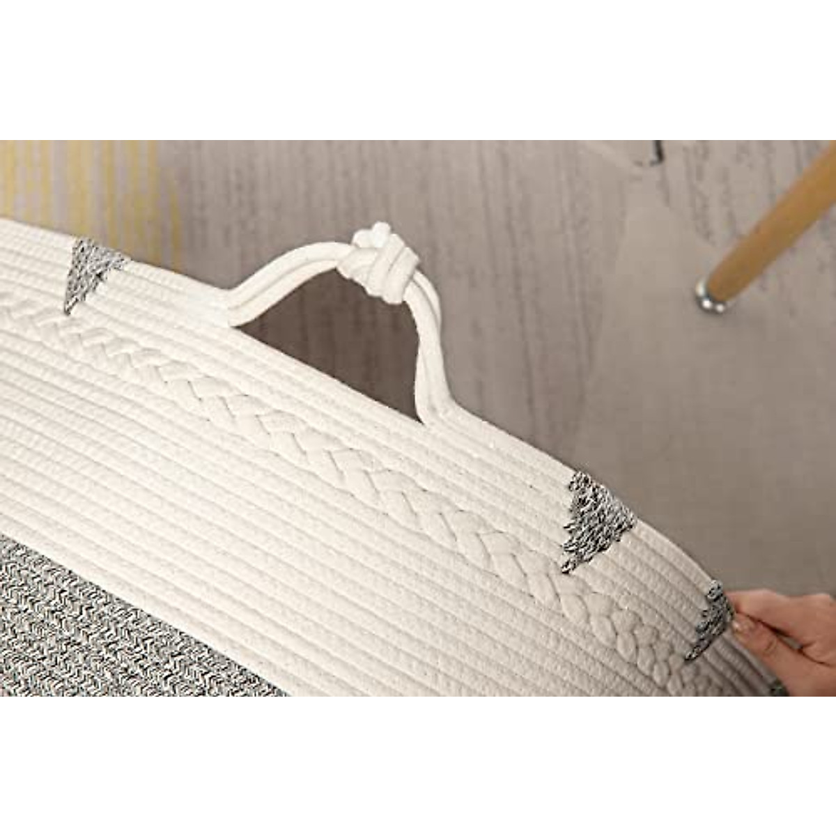 Decospark XXXL Cotton Rope Basket For Toy And Blanket Storage| 21.7" x 13.8" | Soft Long Handles | Decorative Home Organizer Ideal For Living Room, Baby Clothes And Laundry (Grey and White)