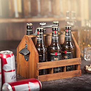 BARGIFTS Wooden 6-Bottle Caddy with Bottle Opener, build in a Removable Middle Divider Metal Bottle Opener… (Brown)