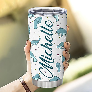 Hyturtle Personalized Gifts Manatee Lover - Manatees Printed Customized Name Stainless Steel Tumbler 20 oz With Lid - Idea Cute Sea Animal Lover Gifts For Women, Girl, Kids On Birthday, Christmas