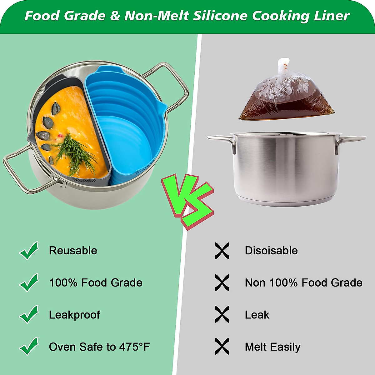 6 Pack Silicone Cooker Liners Set, Slow Cooker Pot Liner for 6-8QT Crock Pot, Contain 1 PCS Integrated Pot Mat, 2 PCS Divider Liners, 1 PCS Plastic Utensil Cradle, 2 PCS Silicone Hand-Clips