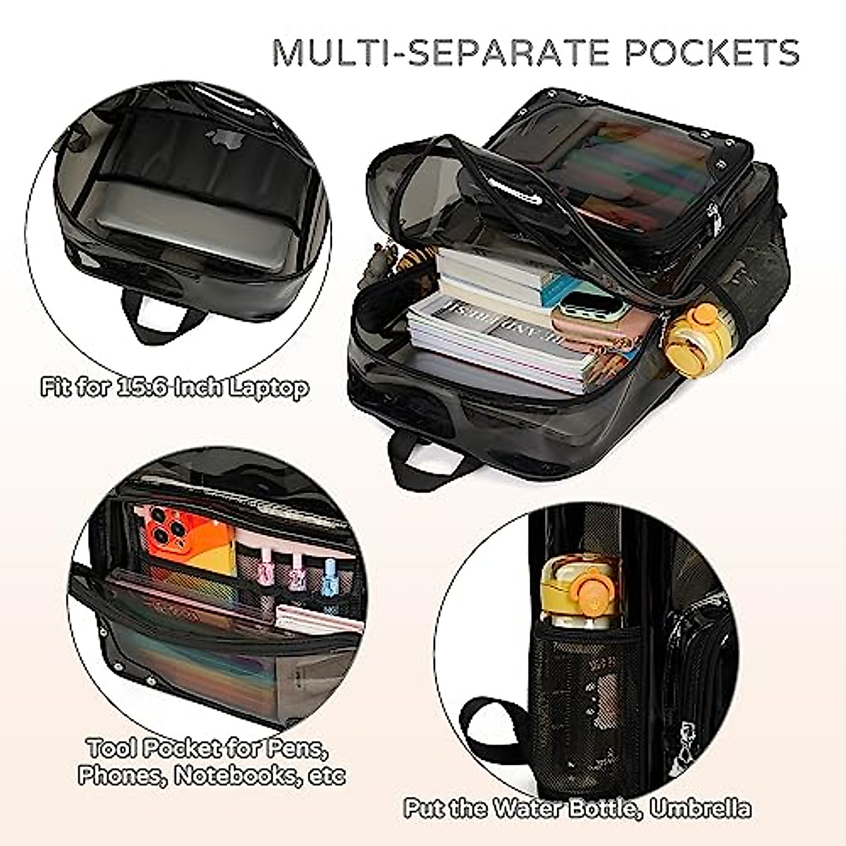 Caoroky knight Clear Backpack Heavy Duty Transparent Laptop Backpacks 15.6 Inch See Through TPU Travel Daypack Large College Bookbag for Women Men Teens Girls Boys students-Black