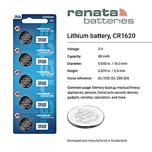 Renata CR1620 Batteries - 3V Lithium Coin Cell 1620 Battery (5 Count)