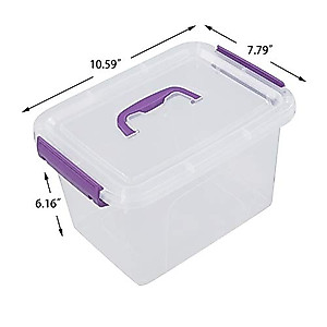 Utiao Clear Plastic Bin with Lid, 6 Quart Latching Box with Purple Handle, 6 Packs