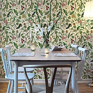 JiffDiff Peel and Stick Wallpaper Floral, Hummingbird Green Wallpaper Self Adhesive Wallpaper for Home Bedroom Cabinets and Kitchen Countertop 17.71"x118" Thicken