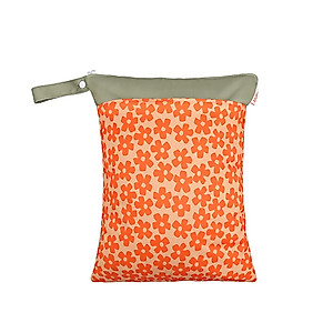 MOMIGO Wet Dry Bags for Baby Cloth Diapers - 3 Pack Reusable, Washable for Baby Stroller, Diaper Bag, Breast Pump Parts, Travel Bags, Gym Bag with 2 Pockets 11.8 * 15.7 inch (Orange Flower)