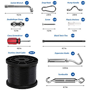 String Light Hanging Kit with 400FT Vinyl Coated 304 Stainless Steel Wire Rope, Globe String Light Suspension Kit, Outdoor Light Guide Wire Kit Included Turnbuckles, Enough Accessories, Use Manual