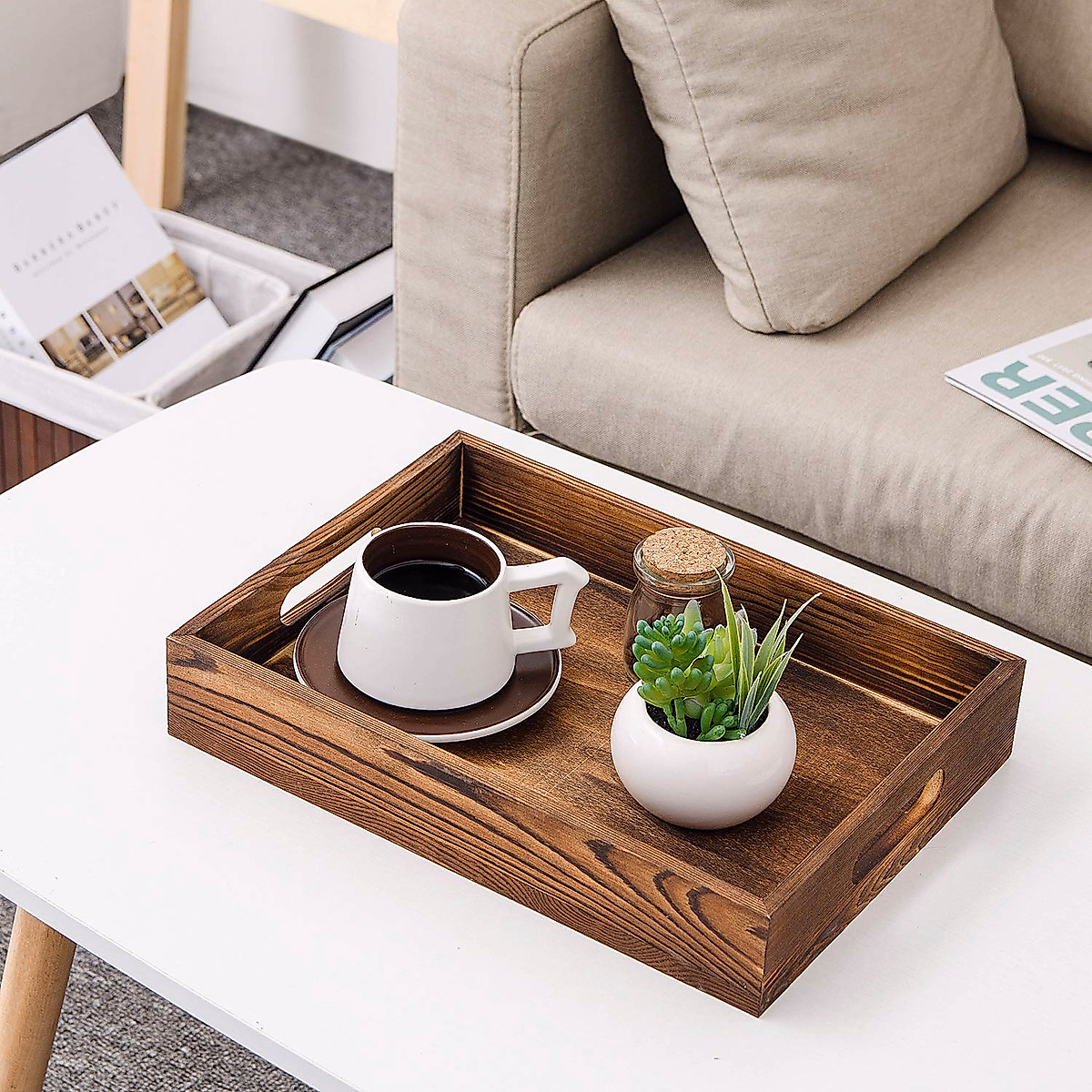 Liry Products Rustic Brown Wood Food Serving Tray Cutout Handles Breakfast in Bed Coffee Wine Rectangular Ottoman Nesting Crate Tabletop Storage Box Desktop Document Holder Party Office Home Kitchen