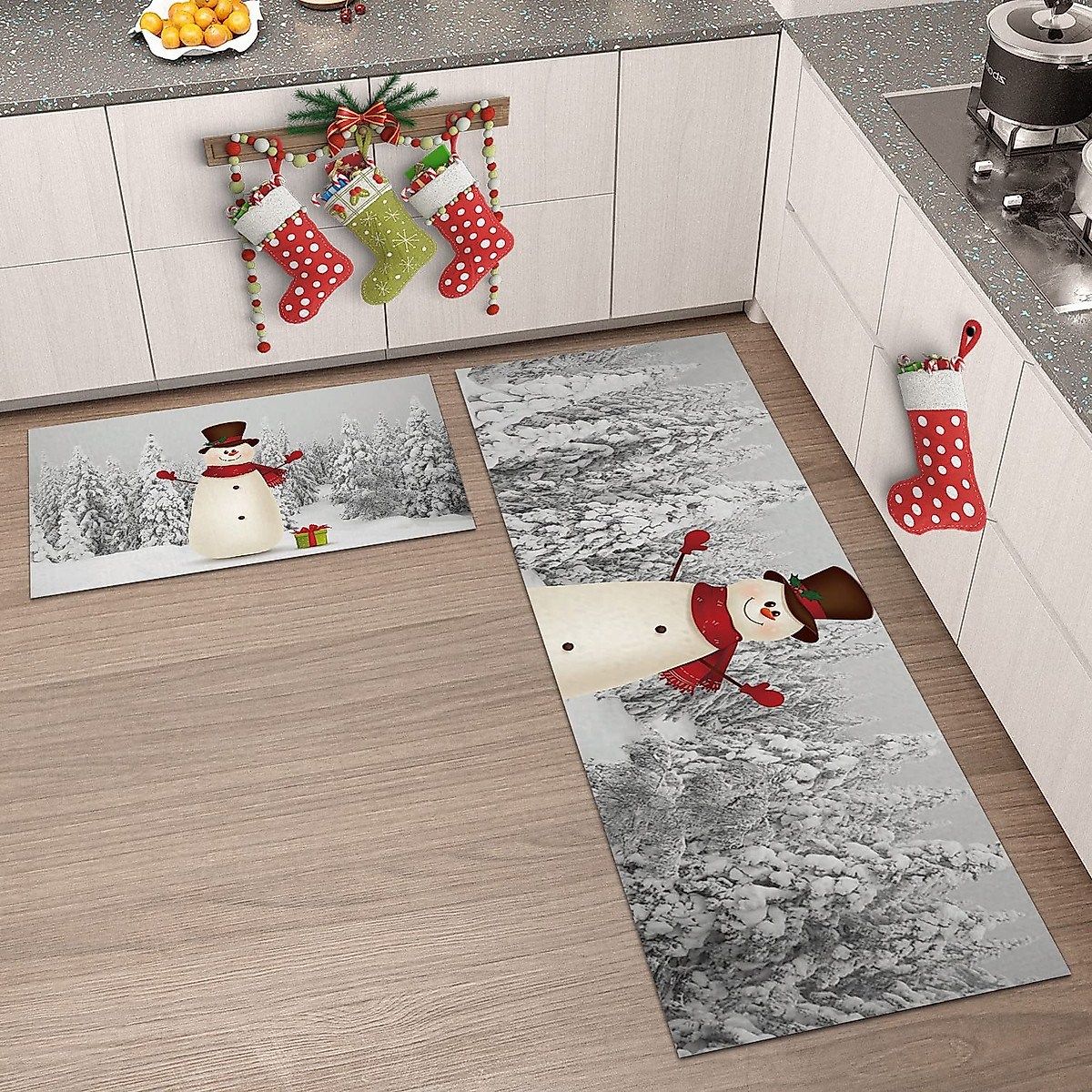 Queener Home Winter Christmas Tree and Snowman Kitchen Rugs and Mats Set of 2, Washable Floor Doormat Comfort Area Runner Rug Non-Slip Rubber Backing for Indoor Cartoon Pattern