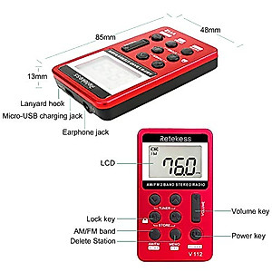 Retekess V112 AM FM Portable Pocket Radio Digital Tuning Stereo Volume with Earphone Rechargeable Battery for Walking Gym (Red)