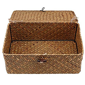 homozy Retro Seagrass Woven Wicker Basket with Lid, Rustic Natural Brown Finish, Decorative Accent or Storage - S