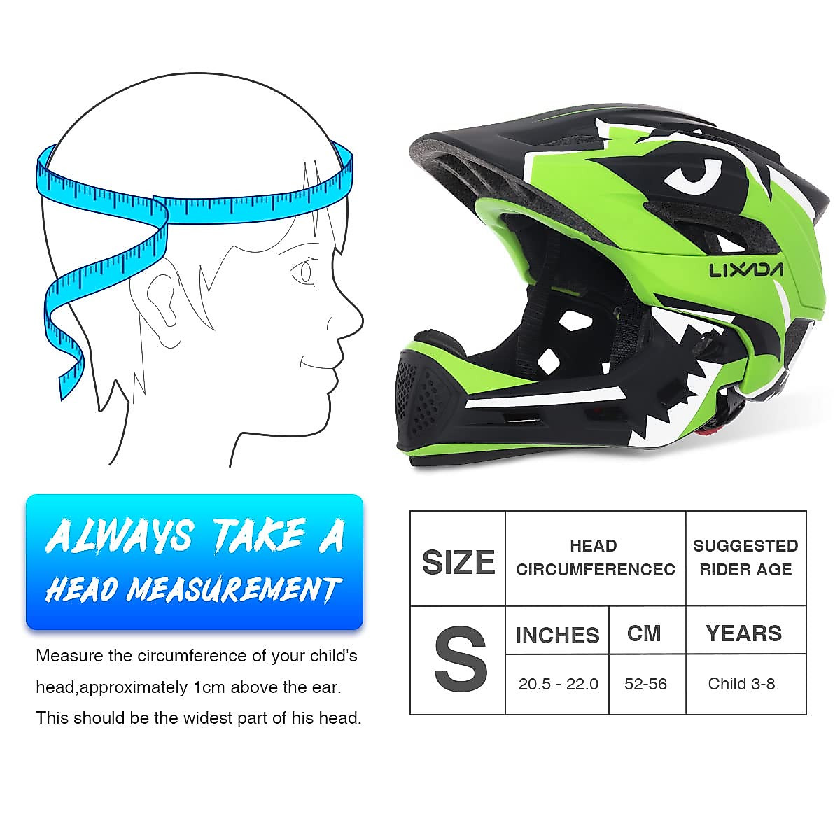Lixada Kids Bike Helmet Adjustable Detachable Full Face Helmet for Cycling Helmet for Children Bicycle, Skateboard, Scooter, Protective Gear (20.5-22 Inches)