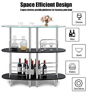COSTWAY 3-Tier Glass Liquor Bar Cabinets, Wine Bar Storage with Tempered Glass Counter Top and Metal Frame, Bar Unit with 2 Shelves, Bar Organize Ideal for Living Room/Home/Kitchen/Bar/Pub