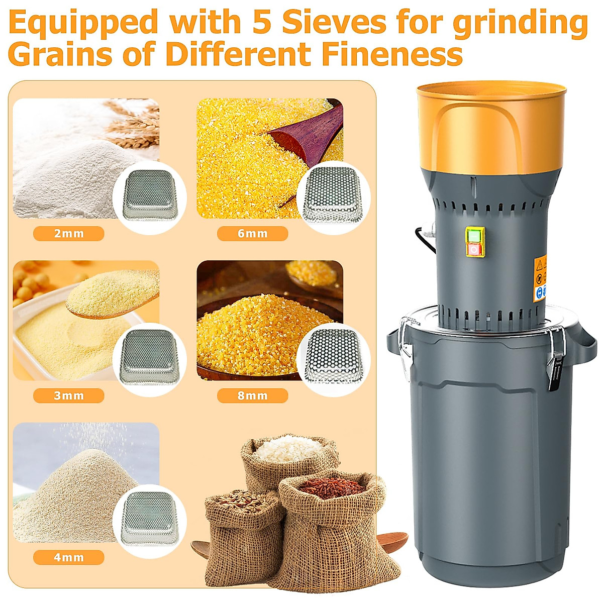 Eachbid 25L Grain Mill Grinder, 1300W Electric Grain Grinder Mill, Detachable 6.6 Gal Bucket & Hopper, with 5 Grinder Sieves+1Wrench, Feed Mill Dry Cereals, Corn Grinder, Wheat Grinder, Molino de Maiz