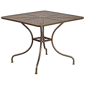 Flash Furniture Oia Commercial Grade 35.5" Square Gold Indoor-Outdoor Steel Patio Table Set with 2 Round Back Chairs