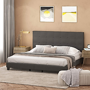 Furinno Laval Button Tufted Upholstered Platform Bed Frame, King, Stone