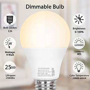 Odeums A19 LED Light Bulb with Remote Control, 9W (60W Equivalent) LED Bulbs,Stepless Dimmable 3000K-6000K,E26 Base,25000+ Hours Lifespan (1)