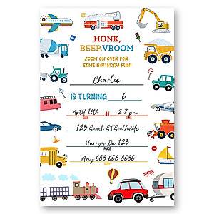 LoaHak Transportation Birthday Invitations Greeting Card, 20 Invitations and Envelopes, 4x6 inches, Minimalist Modern Style