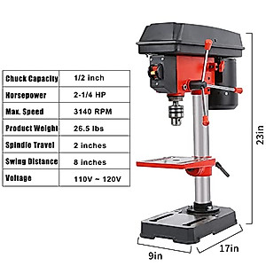 FYFAY 3-Amp 8-Inch Drill Press, 5-Speed Benchtop Drill Press with Beveling Work-table, 120V 2-1/4HP Tabletop Drilling Machine for Wood, Plastic, Metal, 2-inch Spindle Travel, 8-inch Swing Distance