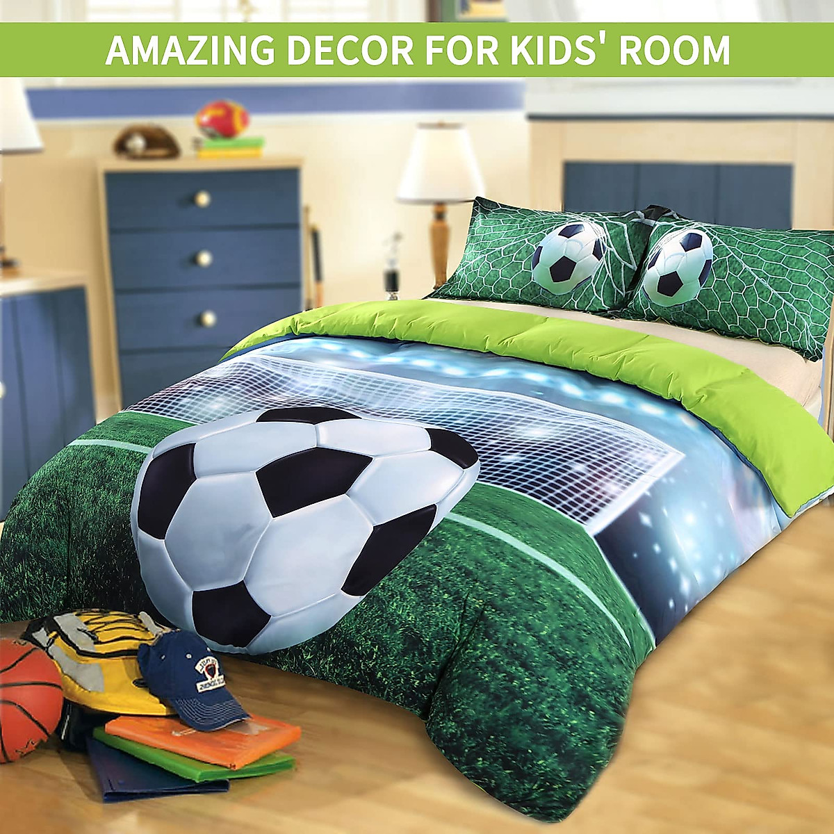 ENJOHOS Green Kids Duvet Cover Queen, 3 Piece 3D Soccer Bedding for All Season, Sports Theme Microfiber Comforter Cover Set with 2 Pillowcase（No Comforter No Fitted Sheet）