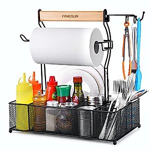FANGSUN Large Grill Utensil Caddy, Picnic Condiment Caddy, BBQ Organizer for Outdoor Grilling, Camping Caddy with Paper Towel Holder for Plate Cutlery, Grill Accessories Storage for Tailgating, Black