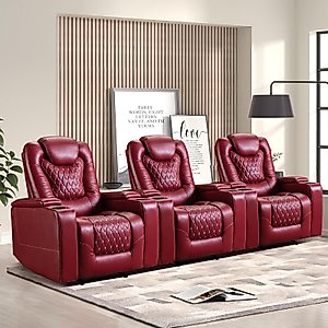 ANJ Power Recliner Chair Set of 3, Electric Soft Leather Reclining Home Theater Seating - USB Ports, Cup Holders, Hidden Arm Storage Movie & Media Room Chairs (Red)