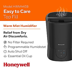 Honeywell Easy-to-Care Filter Free Warm Mist Humidifier, Medium Rooms, 1.5 Gallon Tank – Humidistat for Bedroom, Home or Office Black
