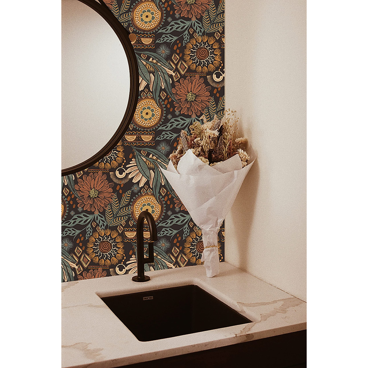 HAOKHOME Wallpaper Peel and Stick Floral Boho Brown/PeachPuff/Green Retro Wall Decor Bathroom Removable Mural 17.7in x 6.6ft