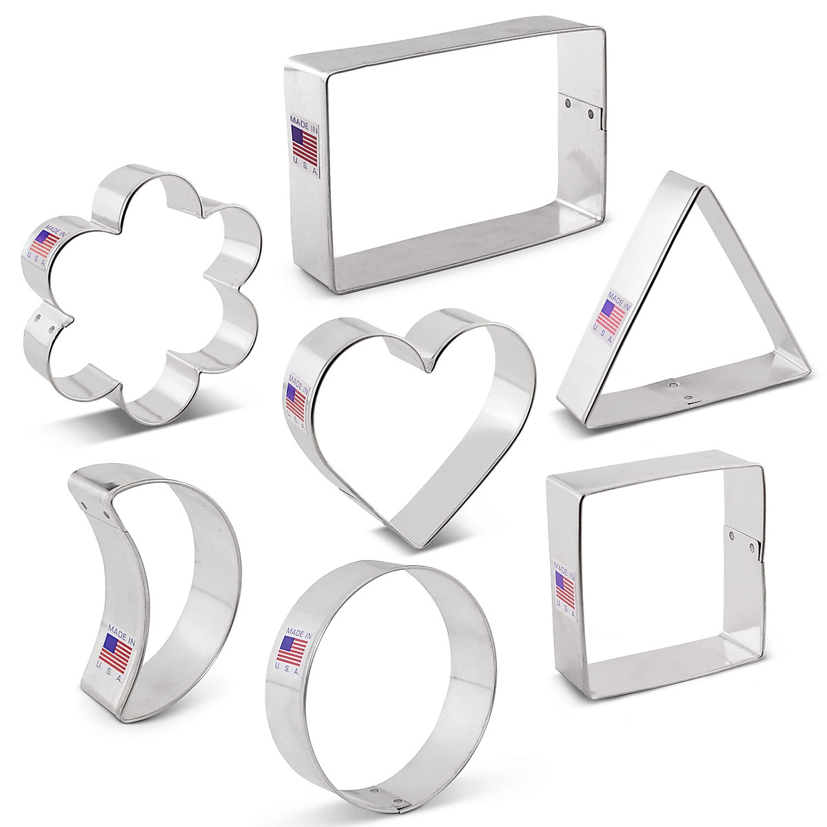 Basic Geometric Classic Shapes Cookie Cutters 7-Pc. Set Made in USA by Ann Clark, Heart, Circle, Square, Rectangle, Triangle, Crescent Moon, Flower